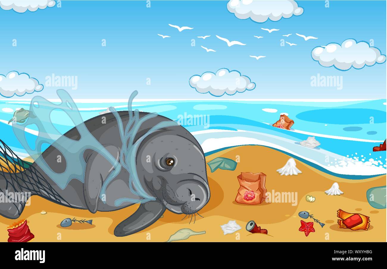 Scene with manatee and plastic bags on the beach illustration Stock ...