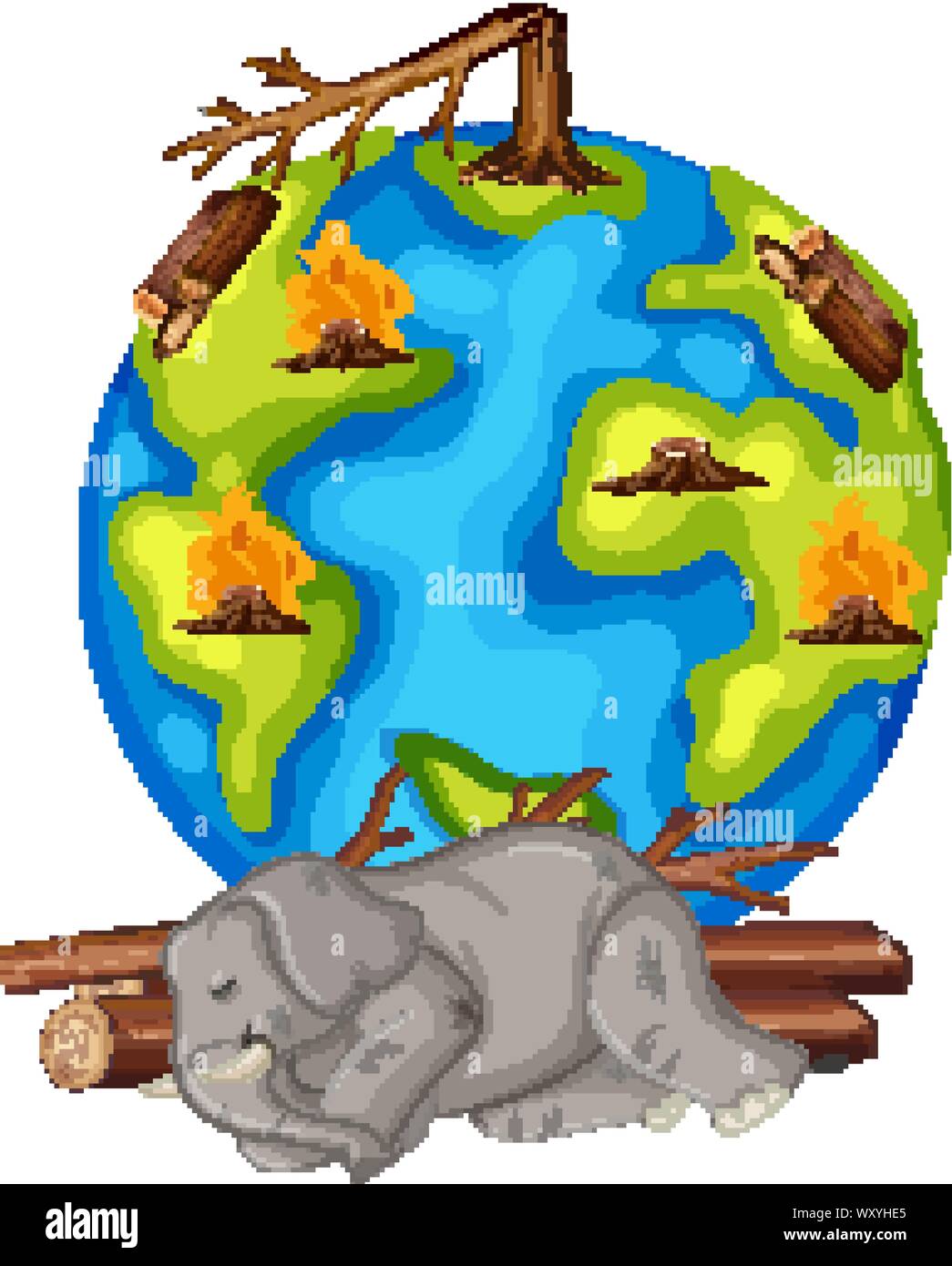 Global warming with deforestation and dying animal illustration Stock ...