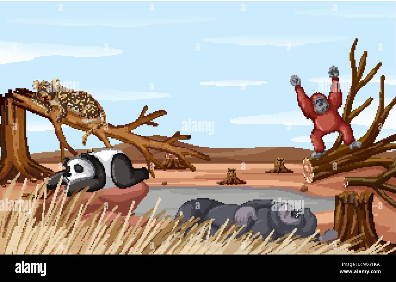 Deforestation scene with animals dying from drought illustration Stock ...