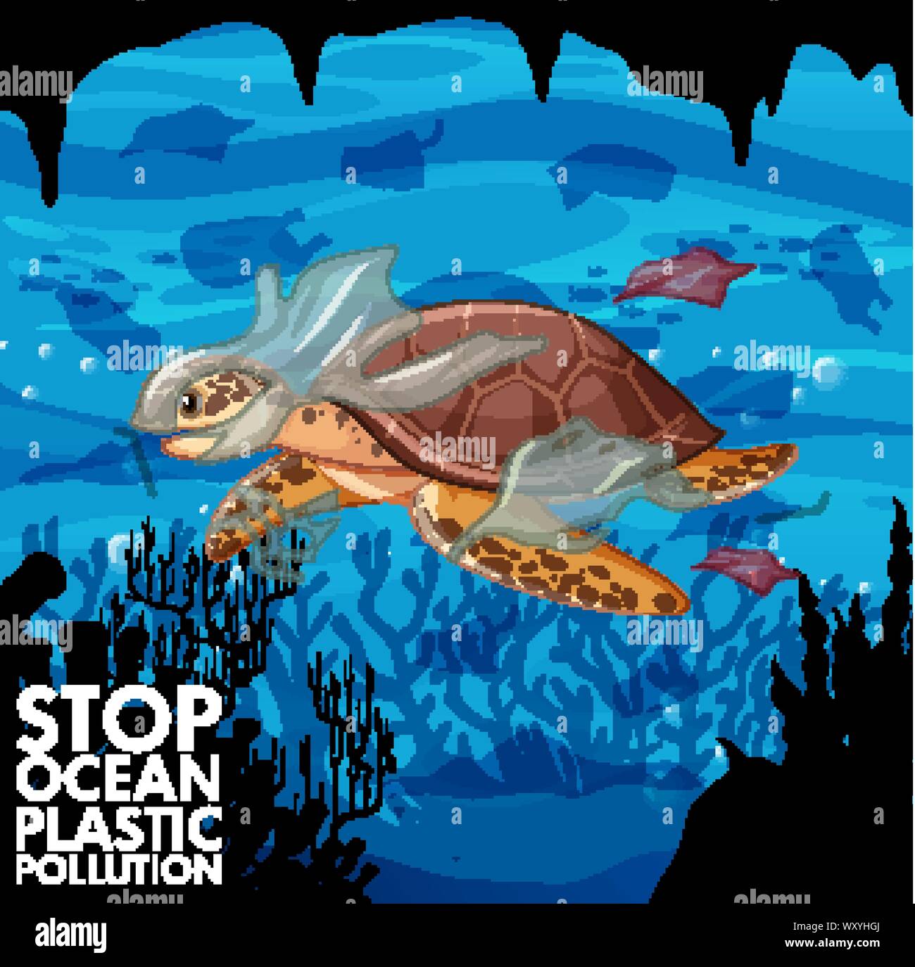 Poster design with sea turtle and plastic bags in ocean illustration ...