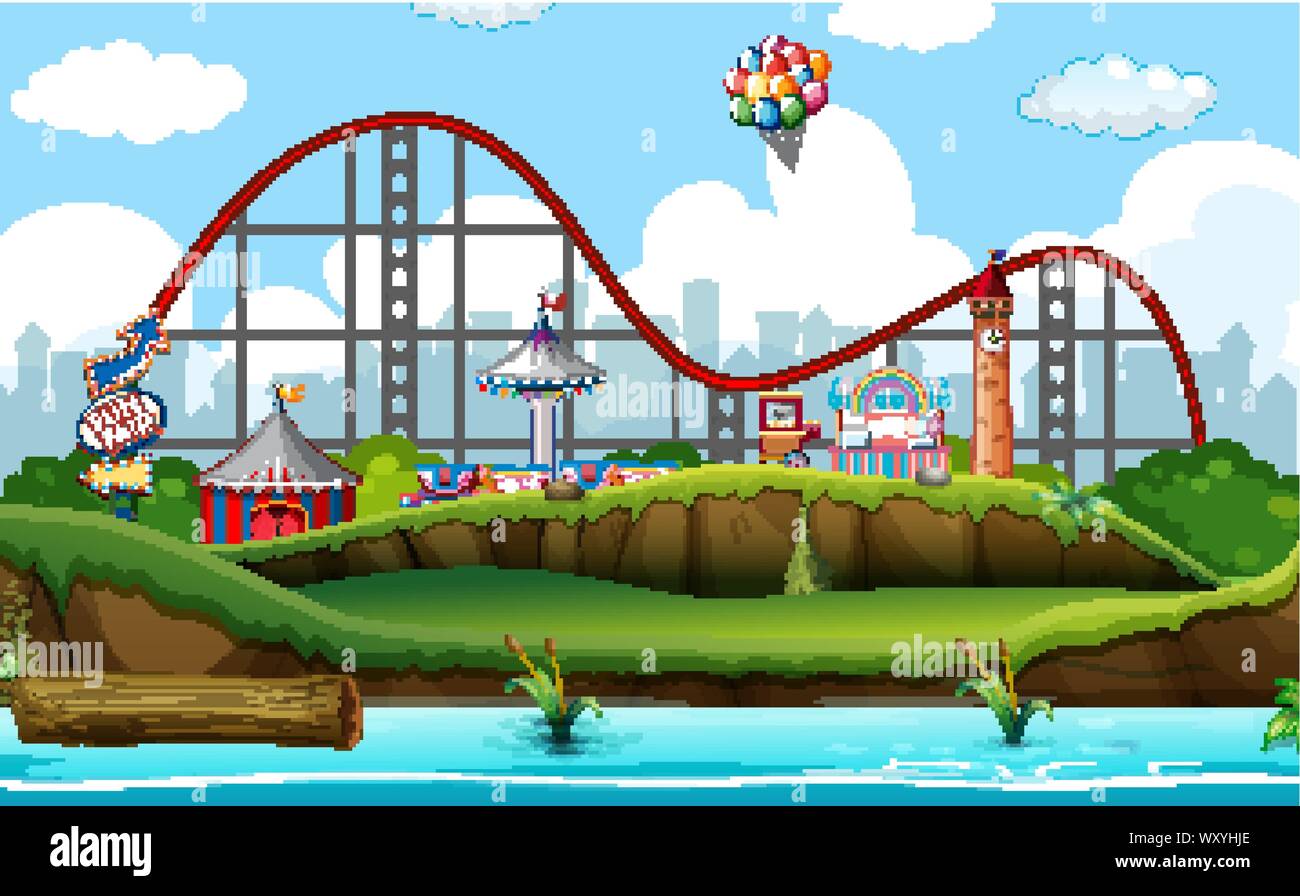 Scene background design with roller coaster and other rides ...