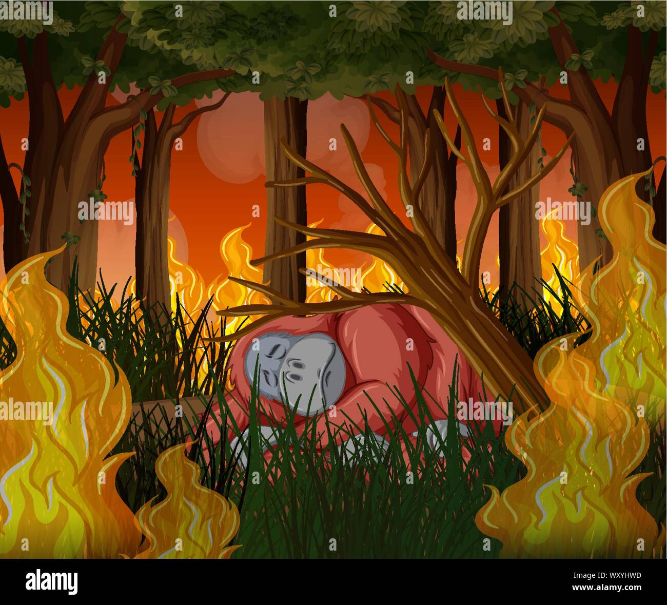 Deforestation scene with monkey dying from wildfire illustration Stock ...