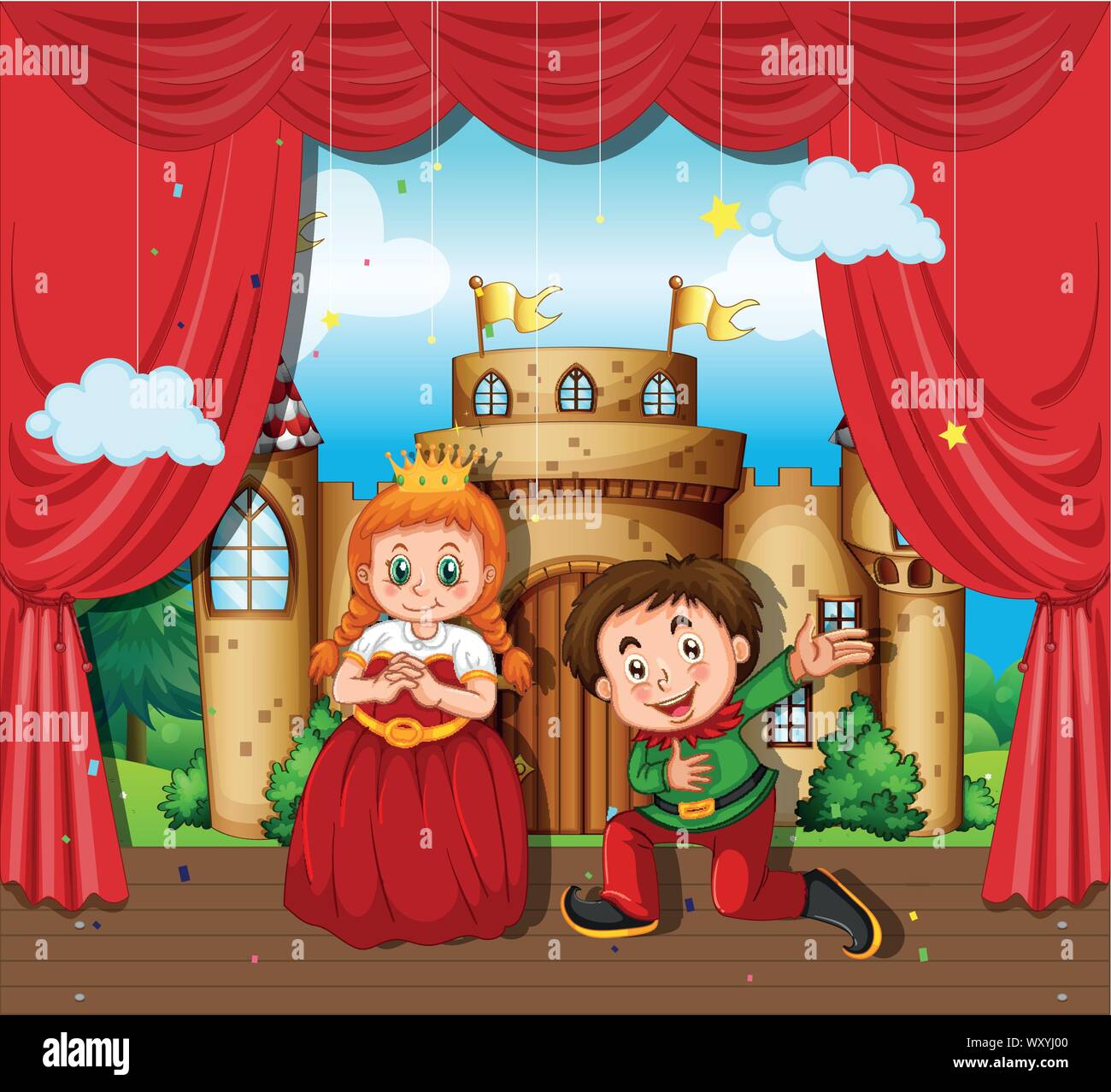 Boy and girl acting on stage - prince and princess illustration Stock ...