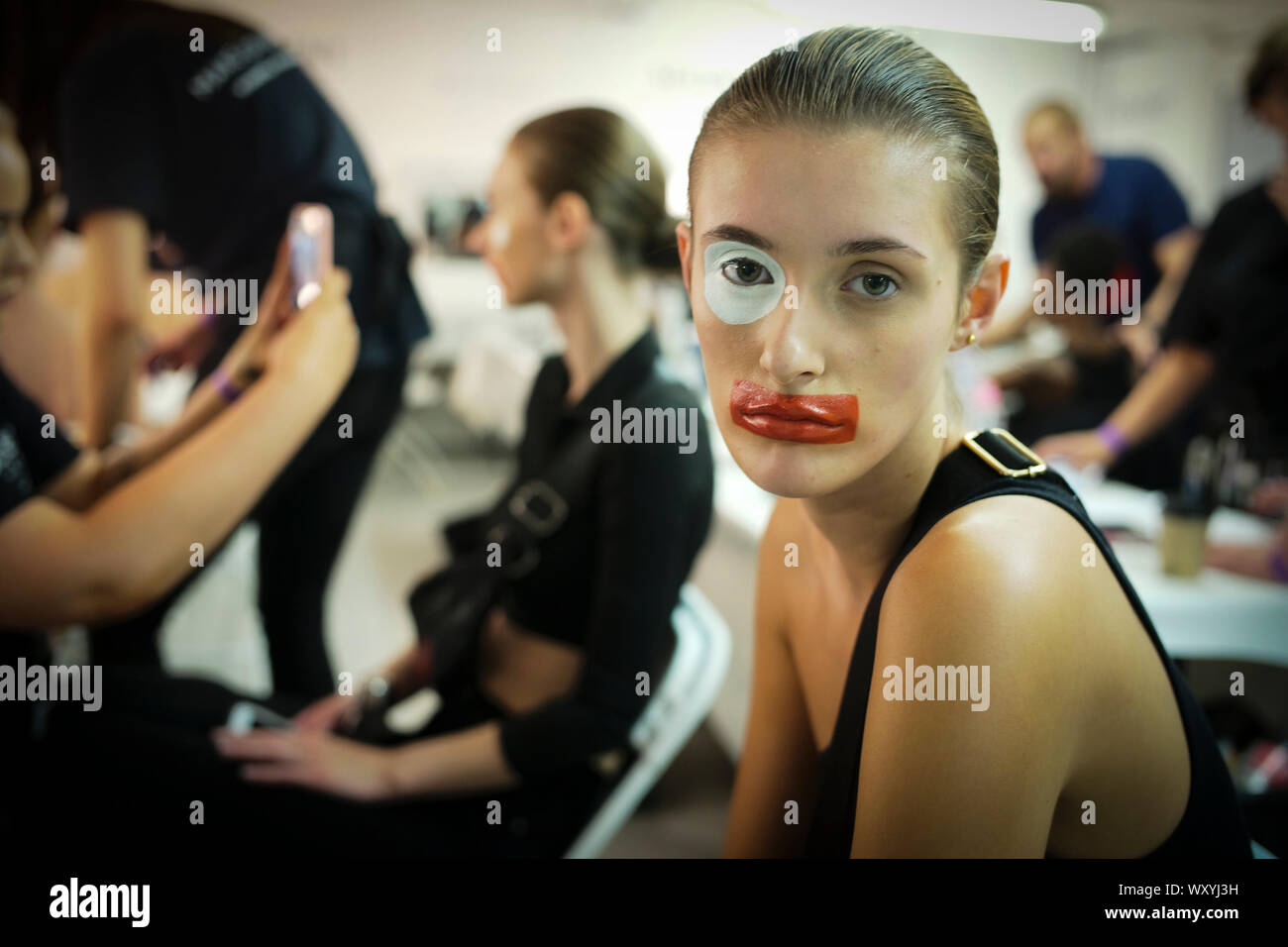 fashion model make-up. backstage at London Fashion Week (LFW) catwalk ...