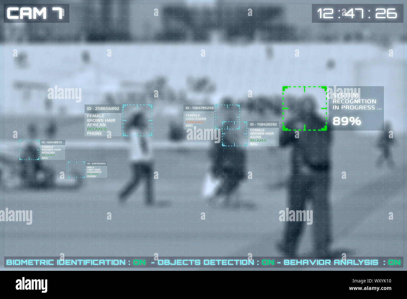 Simulation of a screen of cctv cameras with facial recognition on a ...