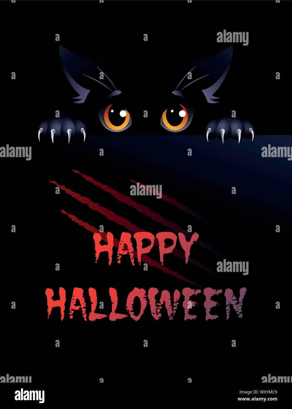 Happy Halloween. Cute black cat with red eyes on the black background ... Happy Halloween. Cute black cat with red eyes on the black background ...