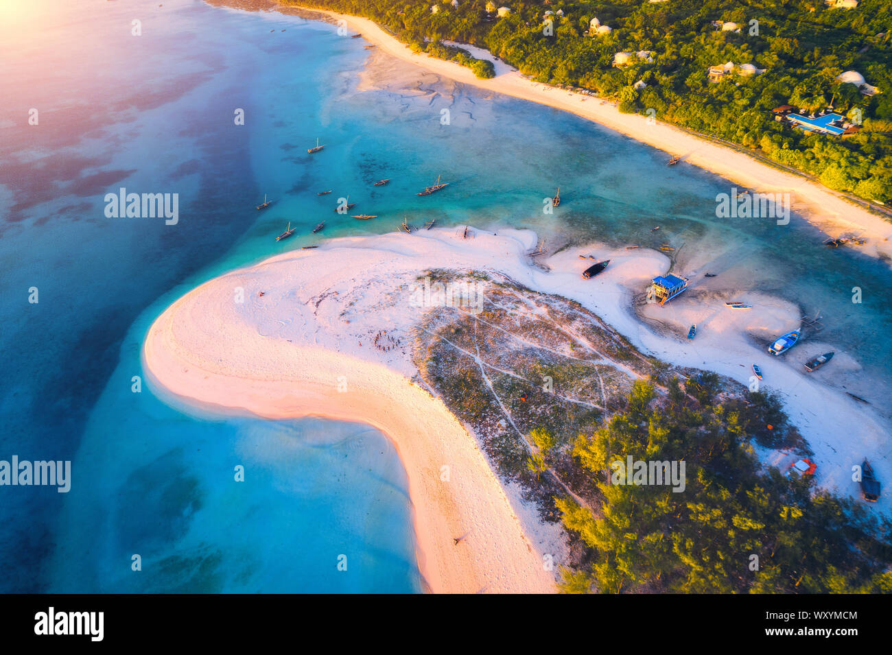 Aerial view of the fishing boats on sea coast with sandy beach Stock ...