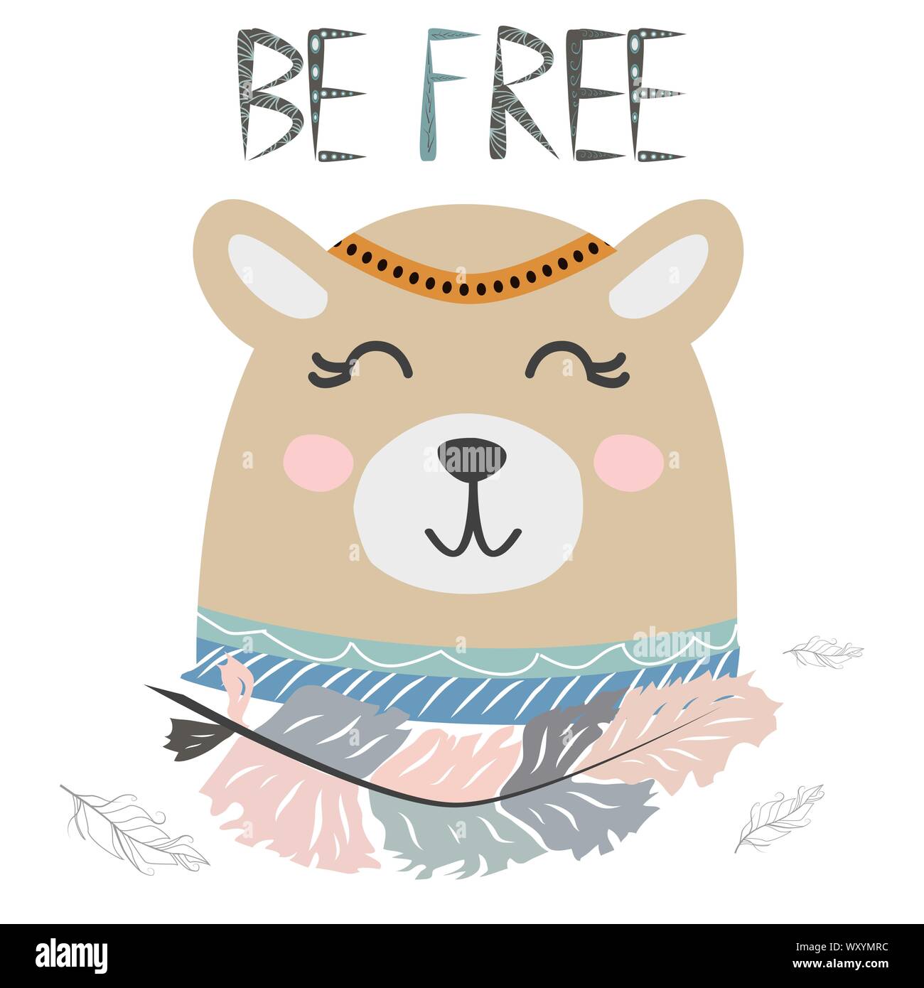 Cute little bear smiling face with graceful feather in the Scandinavian ...