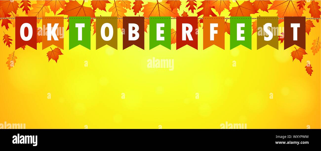oktoberfest party flags banner on yellow background with falling leaves ...