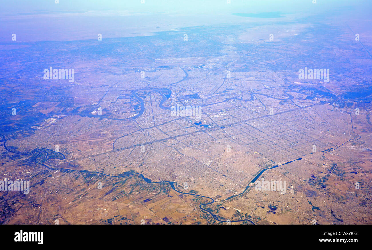 Aerial view of Baghdad, the capital of Iraq located along the Tigris ...