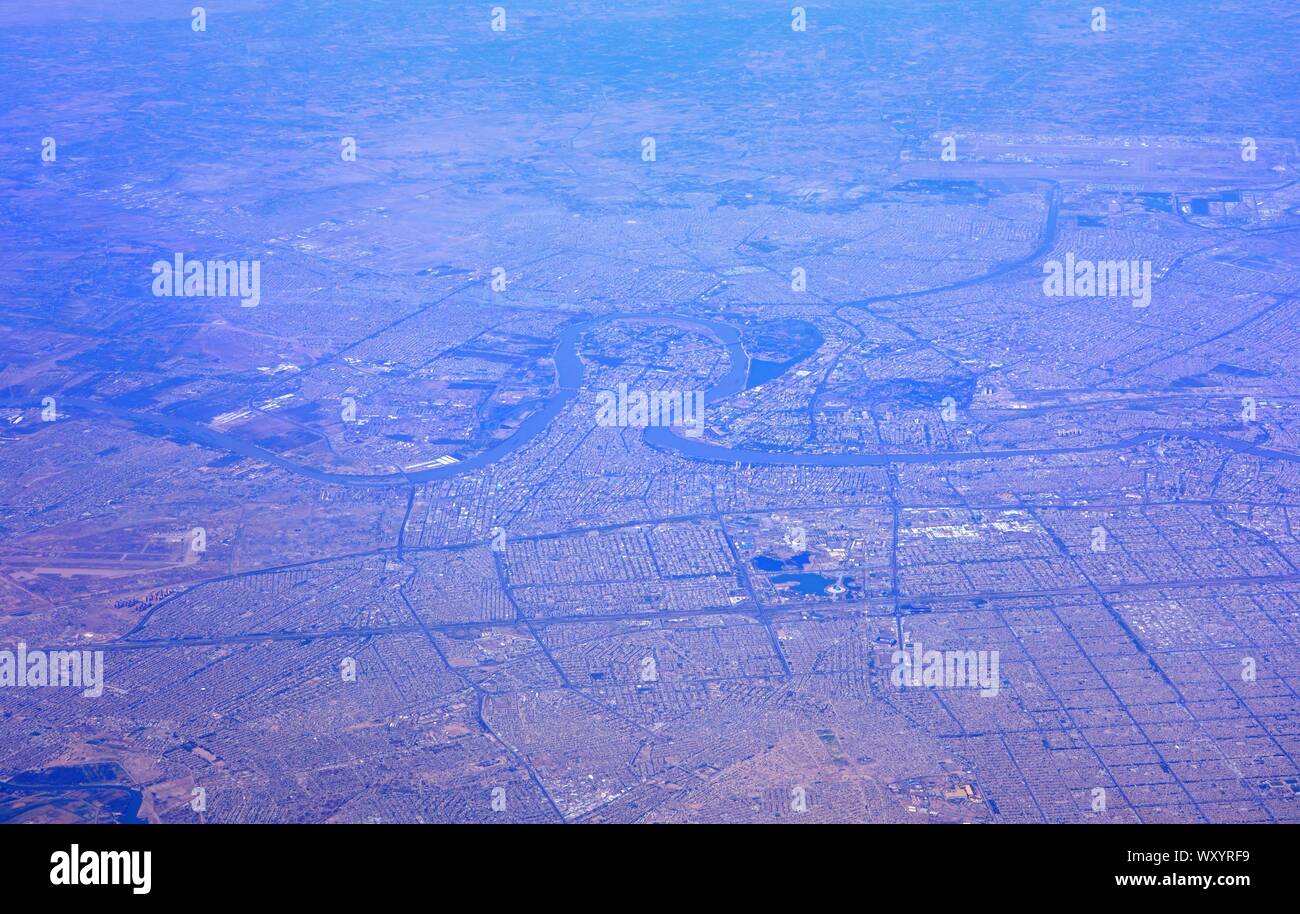 Aerial view of Baghdad, the capital of Iraq located along the Tigris ...
