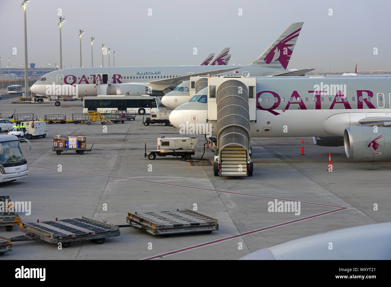 DOHA, QATAR -17 JUN 2019- View of airplanes from Qatar Airways (QR) at ...