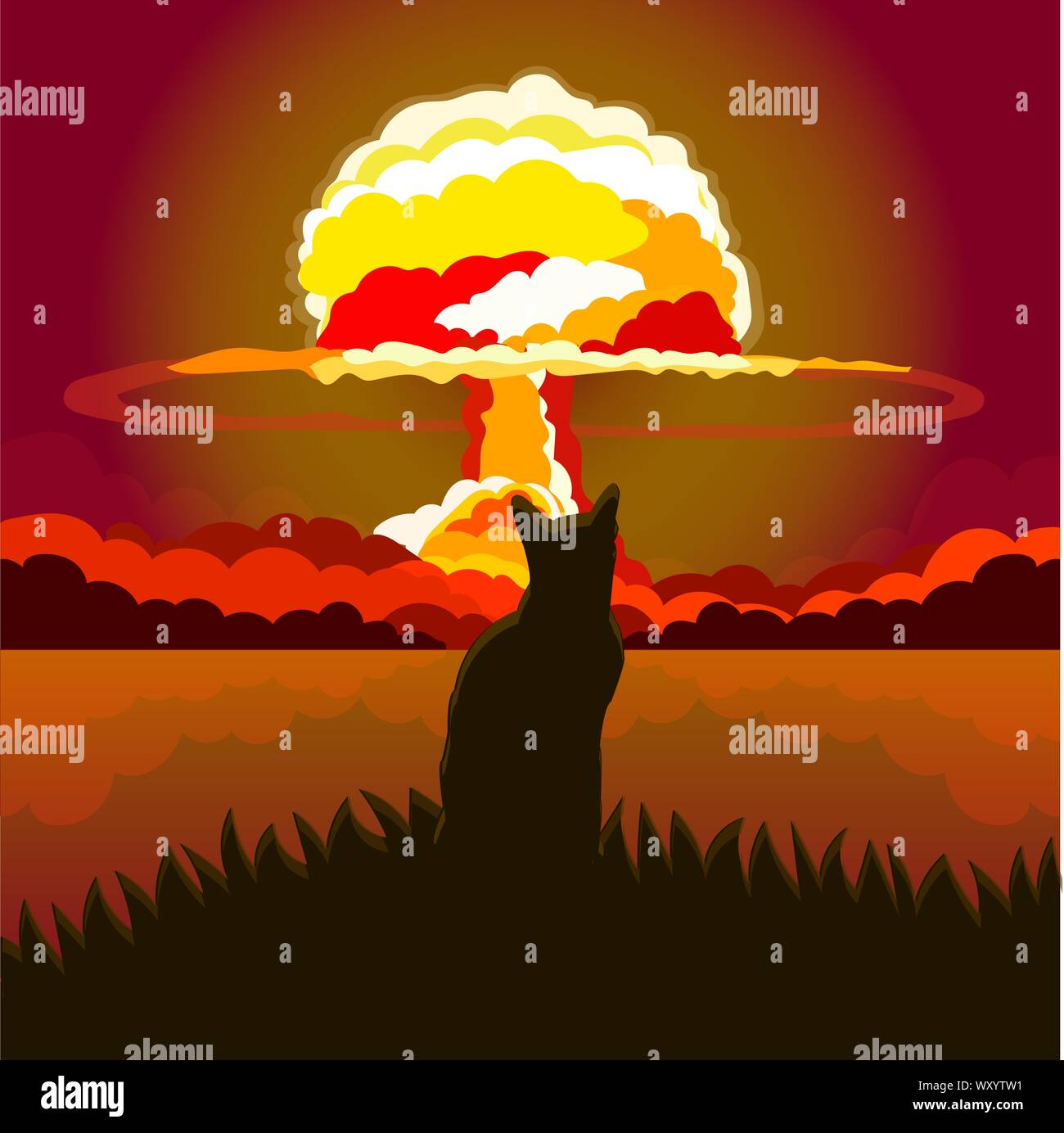 Vector illustration of a cat sitting on a background of a nuclear ...