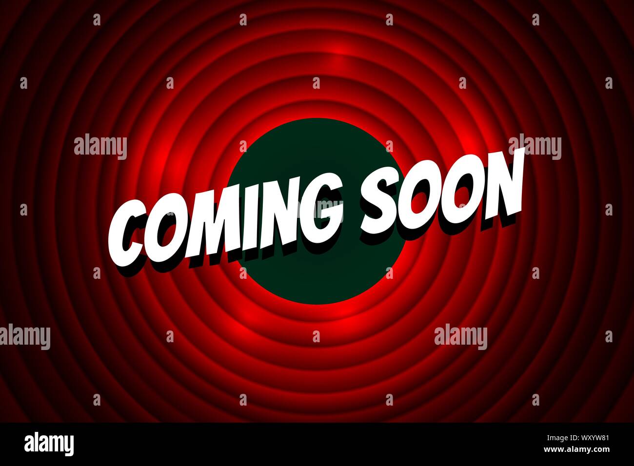 Coming soon comic cartoon style title on red circle background. Old ...