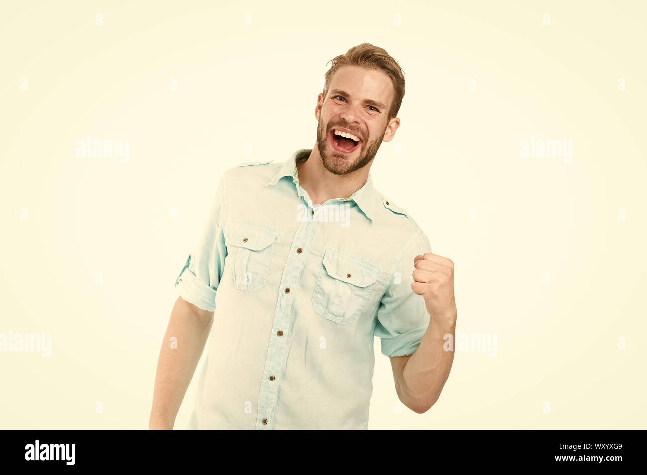 Guy happy find solution. Achieve success. Man with beard happy about ...