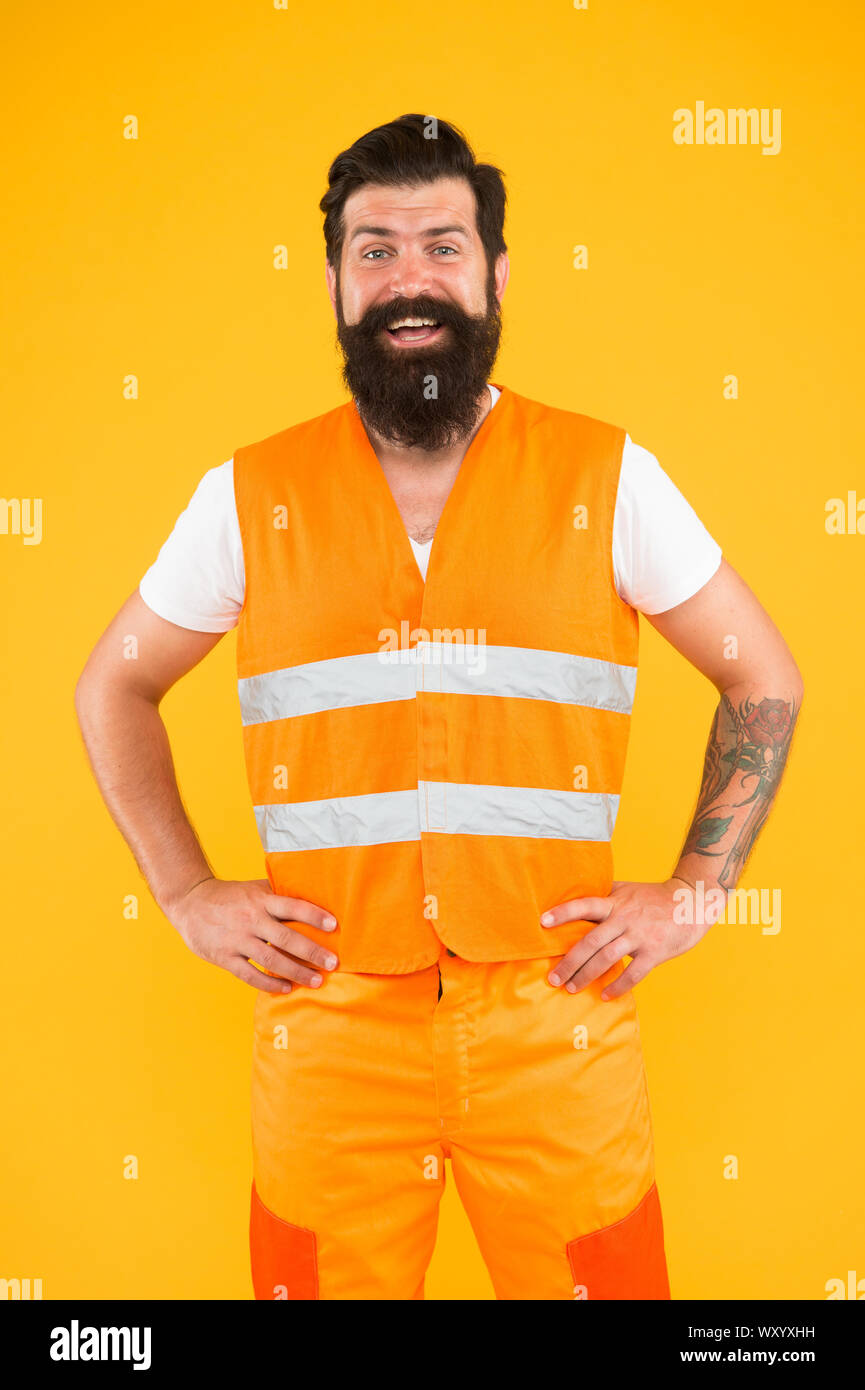 Man of any job. Man worker or workman smiling on yellow background ...