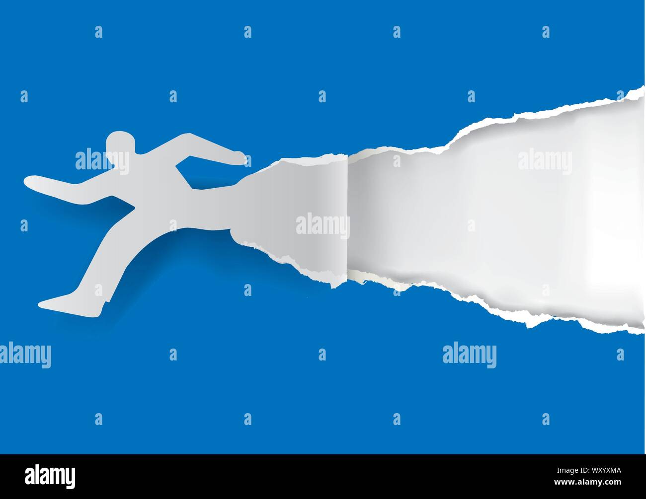 Running man ripping blue paper background. Illustration of running male ...