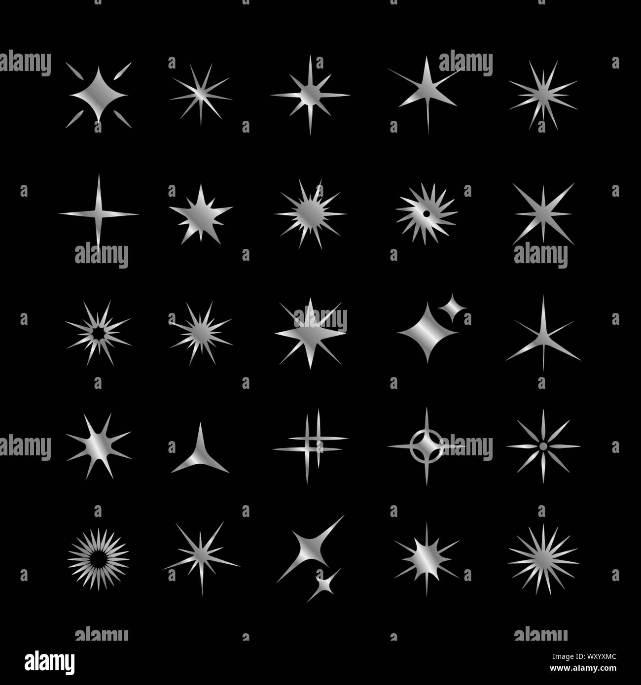 Set of silver vector star, sparkle icons. Collection of bright fireworks, twinkles, shiny flash ...