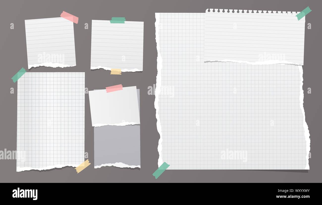 Set of torn white and colorful note, notebook paper pieces stuck on ...