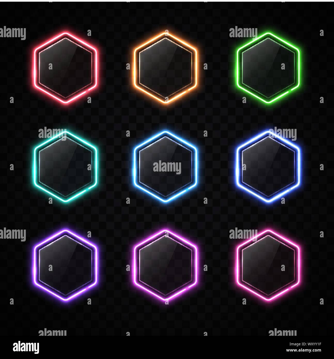Modern neon hexagon frame set on transparent background. Color web ...