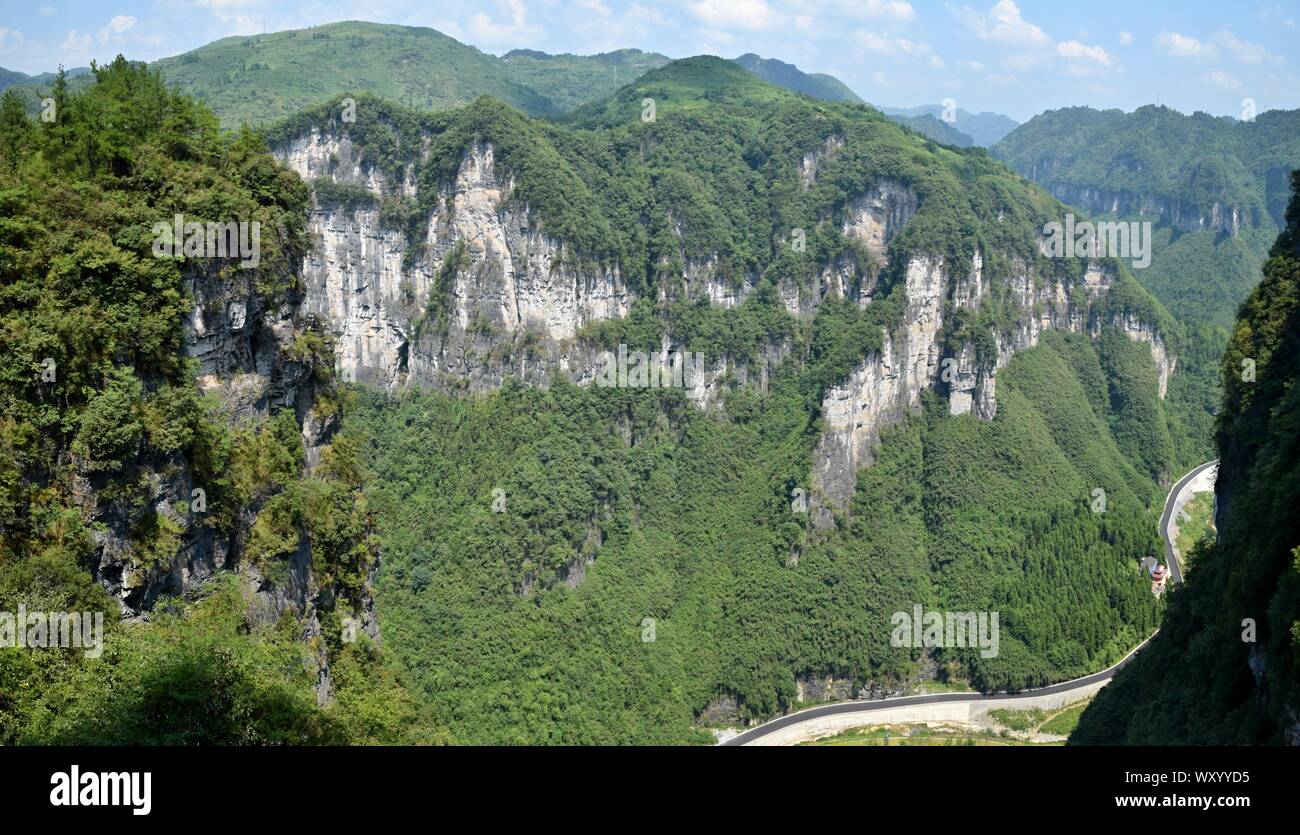 Mountainous landscape around well known Aizhai bridge in Hunan province ...