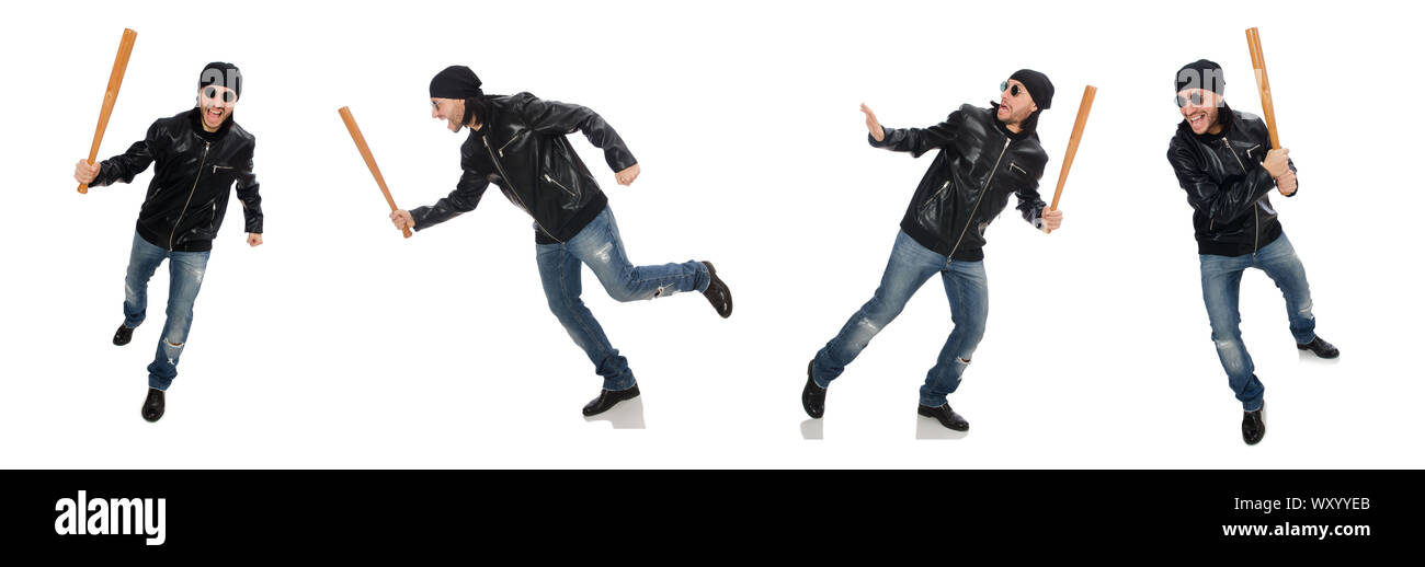 The aggressive man with baseball bat on white Stock Photo - Alamy