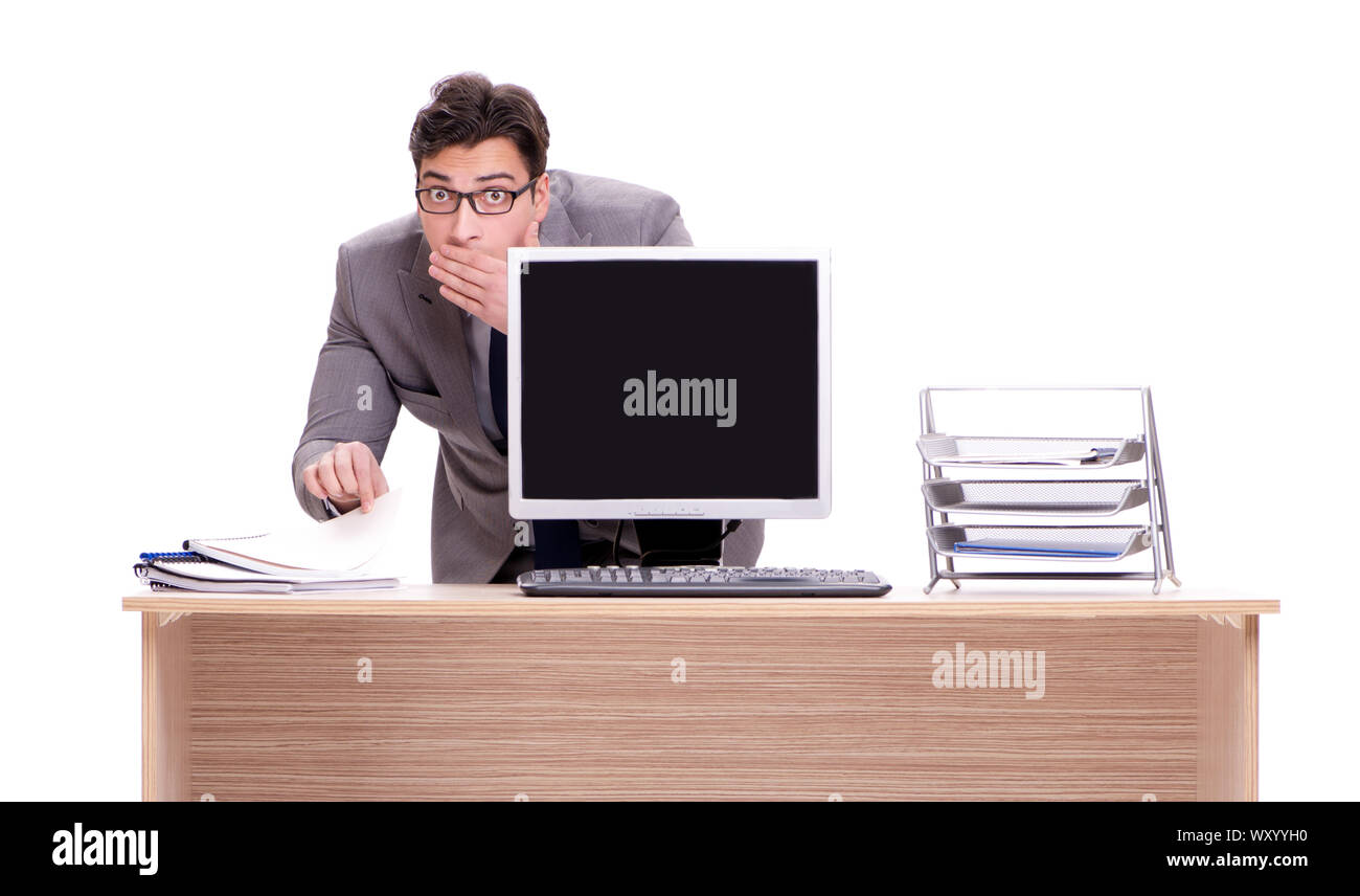 The businessman hiding in the office isolated on white Stock Photo - Alamy