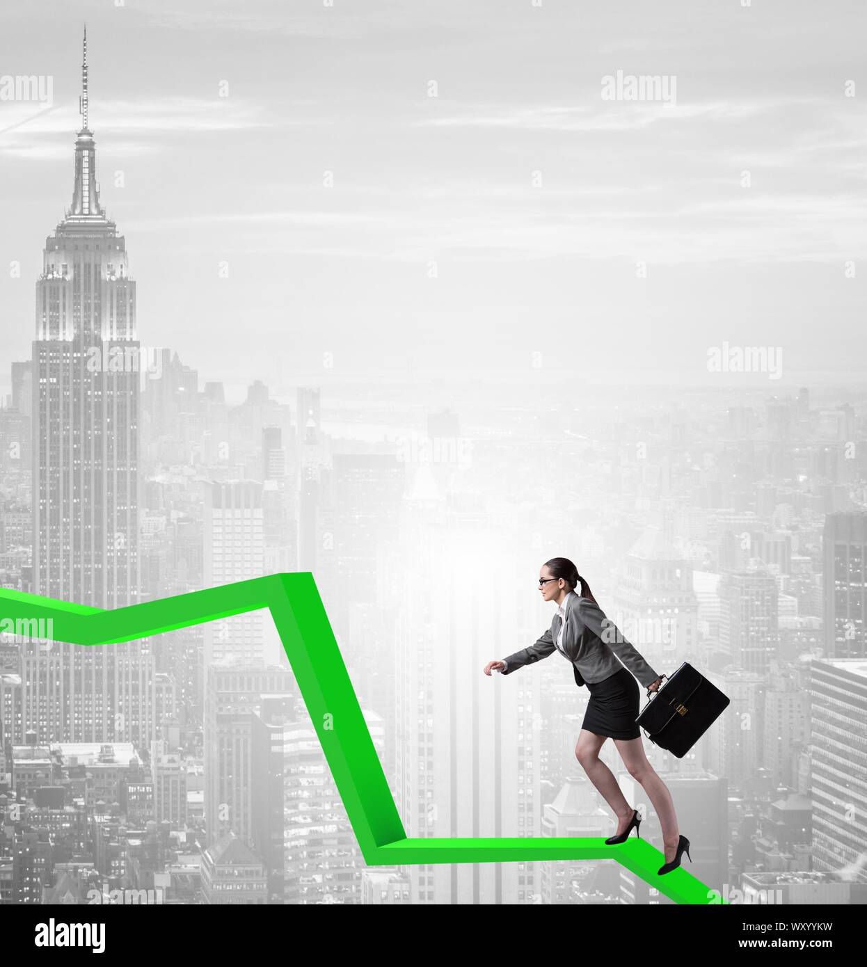 The businesswoman climbing line chart in economic recovery concept ...