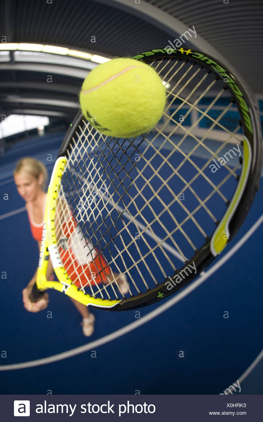 Tennis Ball Hitting Racket Close Up Stock Photos & Tennis Ball Hitting ...