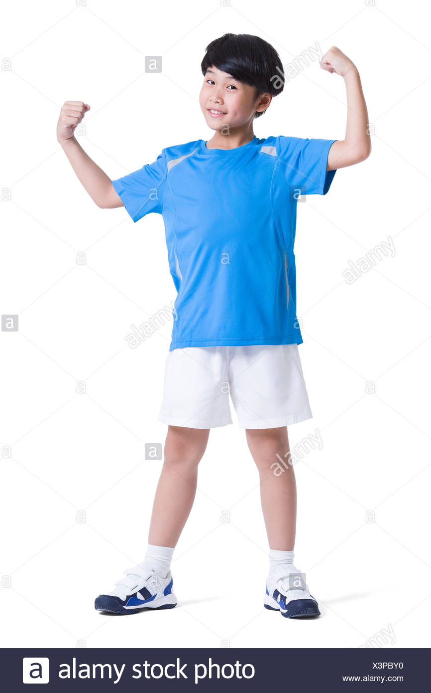 Studio Portrait Boy Flexing Muscles High Resolution Stock Photography ...