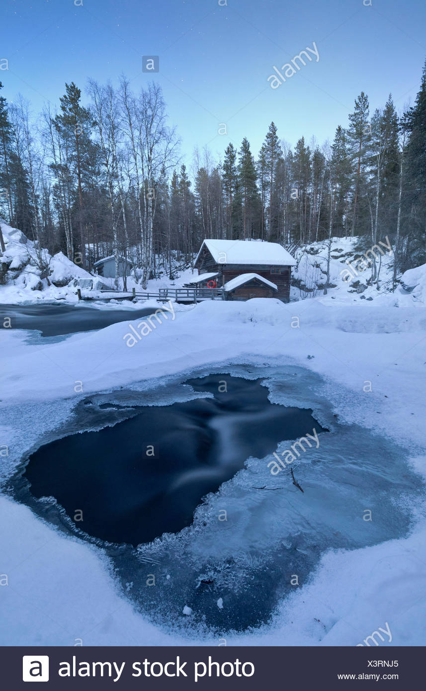 Dusk The Frozen Water In The Snowy Woods Wooden Hut High Resolution ...