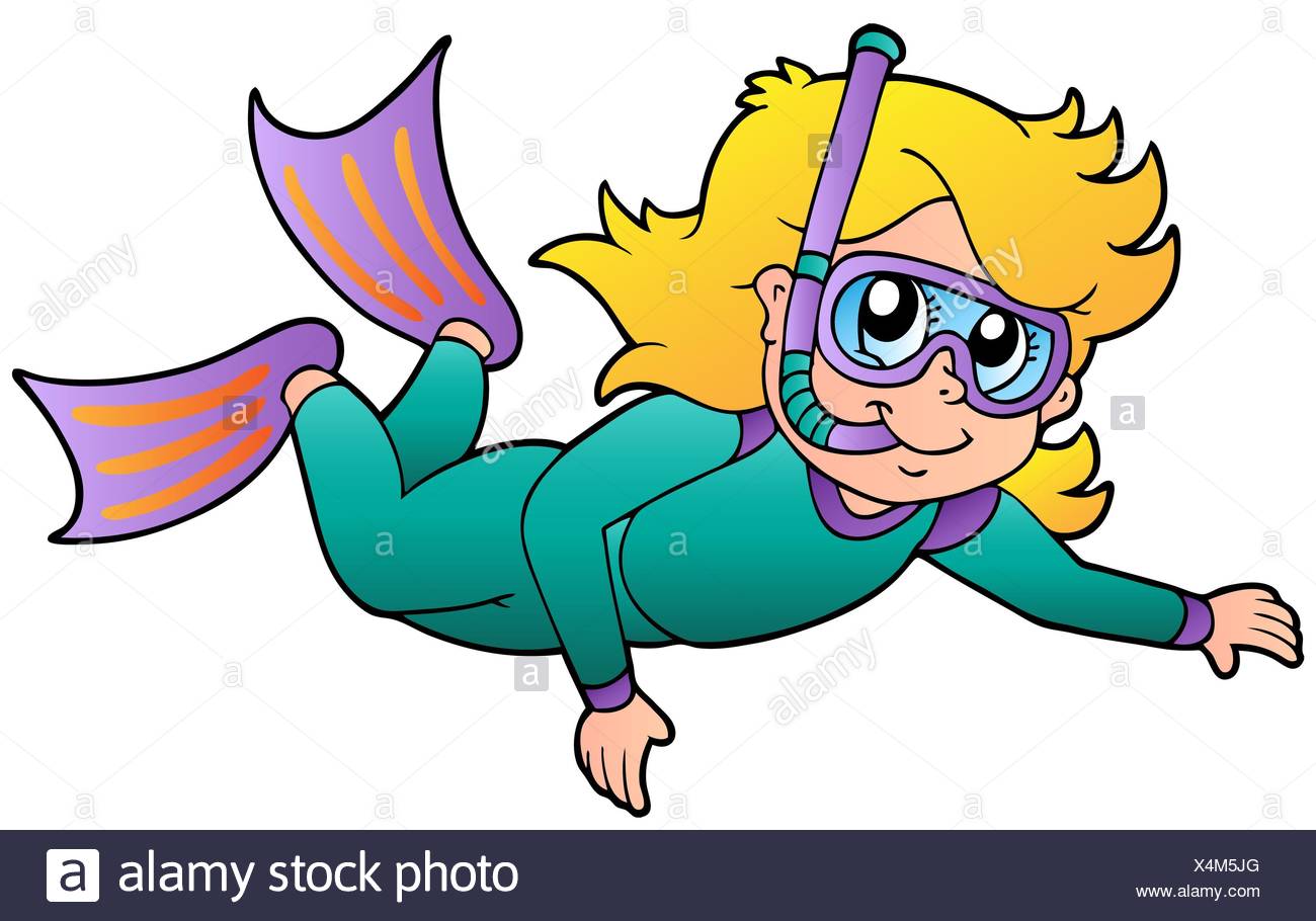 Cartoon Illustration Girl Snorkeling Mask High Resolution Stock ...