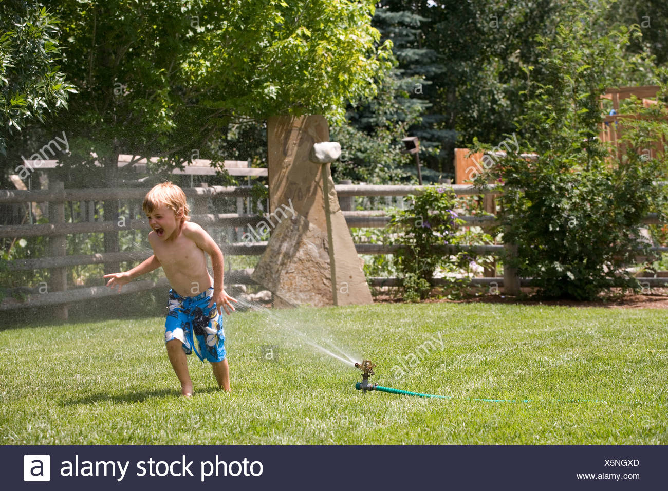 Kids Running Through Sprinkler High Resolution Stock Photography and ...