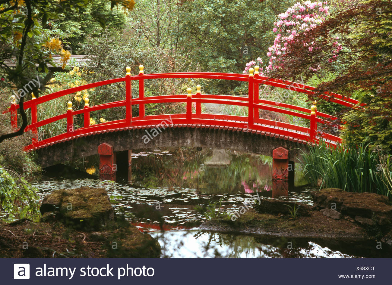 Red Bridges Over A Stream Japanese Garden High Resolution Stock ...