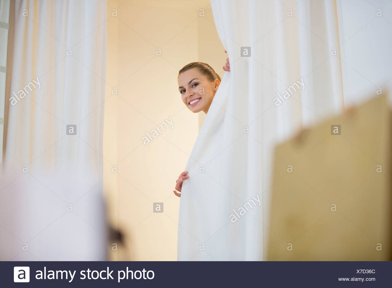 Woman Hiding Behind Curtain Stock Photos & Woman Hiding Behind Curtain ...