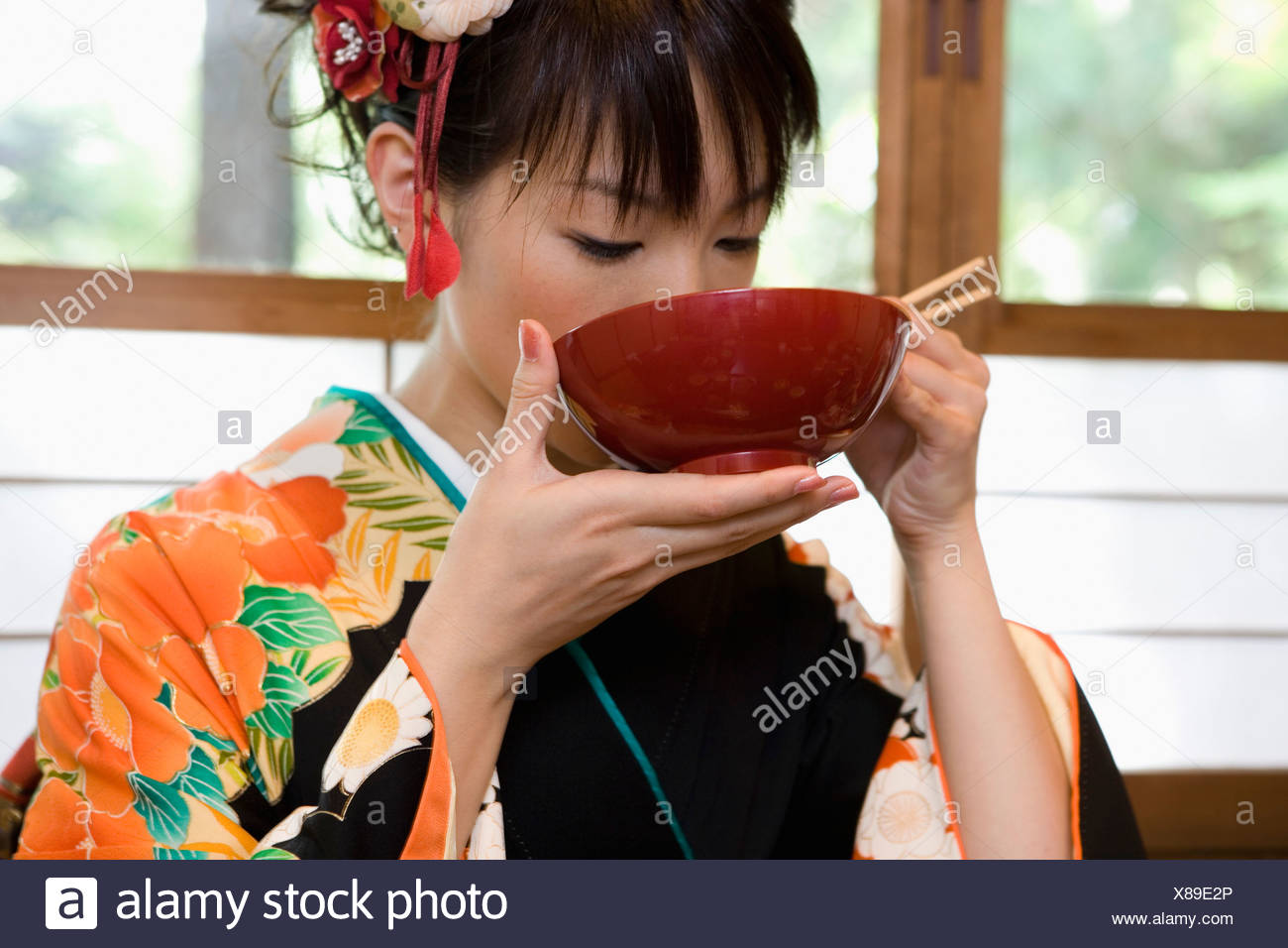 Eating Traditional Japanese Food Kimono High Resolution Stock ...