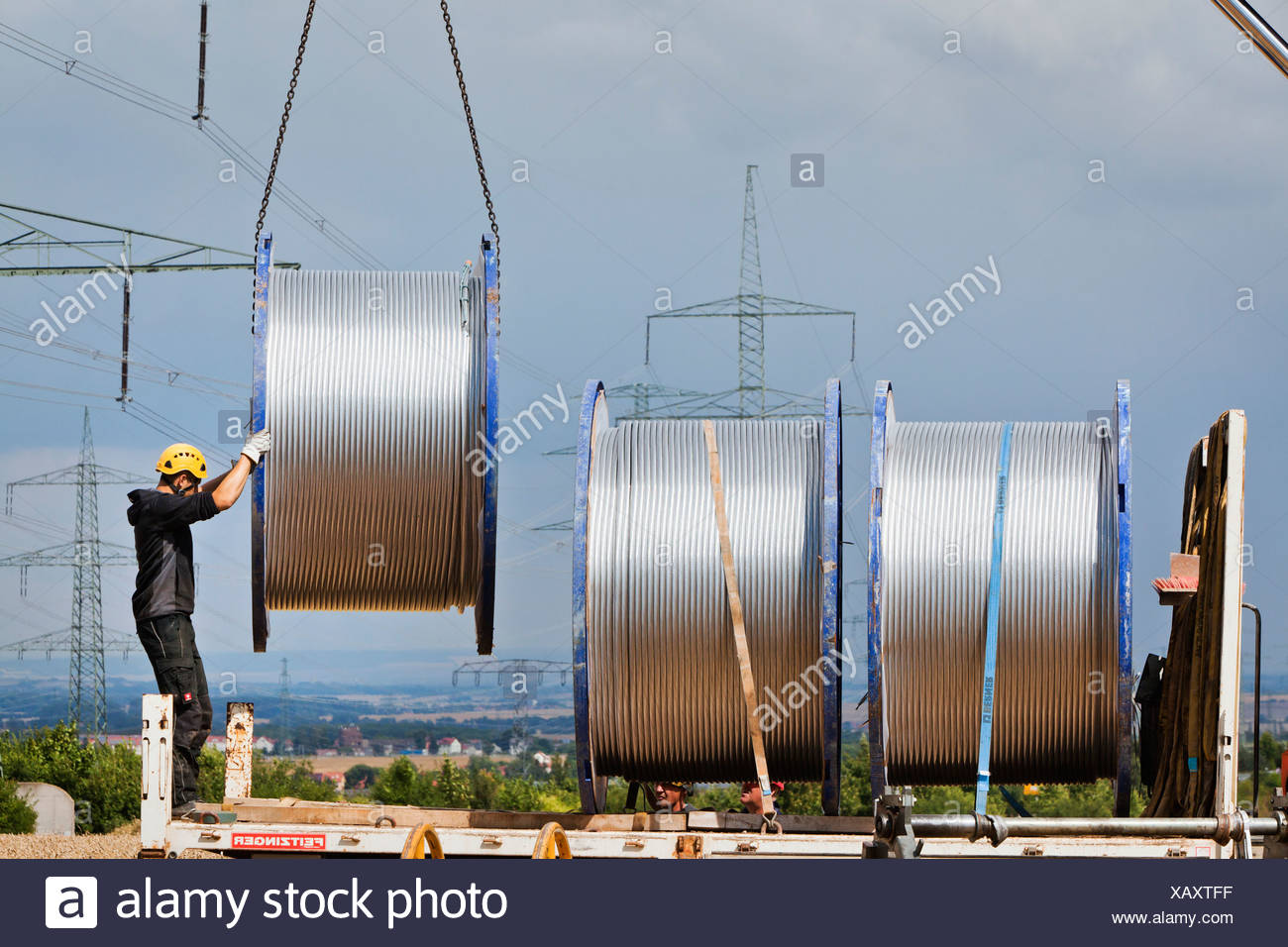 Man Working On High Voltage Power Lines High Resolution Stock ...