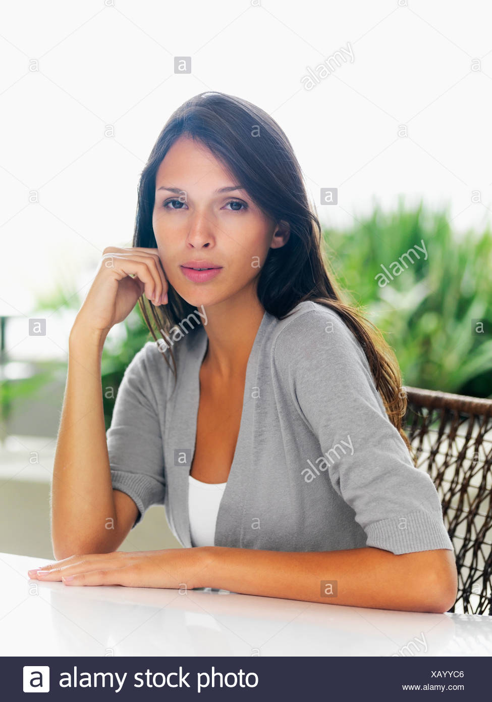 Beautiful Woman Sitting Patio Table High Resolution Stock Photography ...