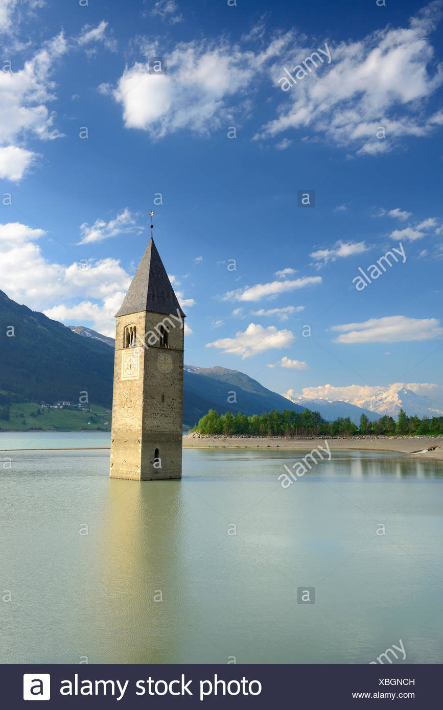 Italy The Bell Tower In Reschen Lake Stock Photos & Italy The Bell ...