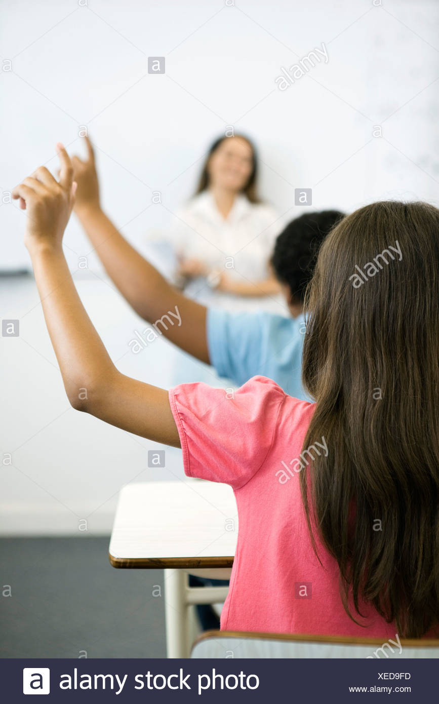Primary School Child Hand Up Classroom High Resolution Stock ...