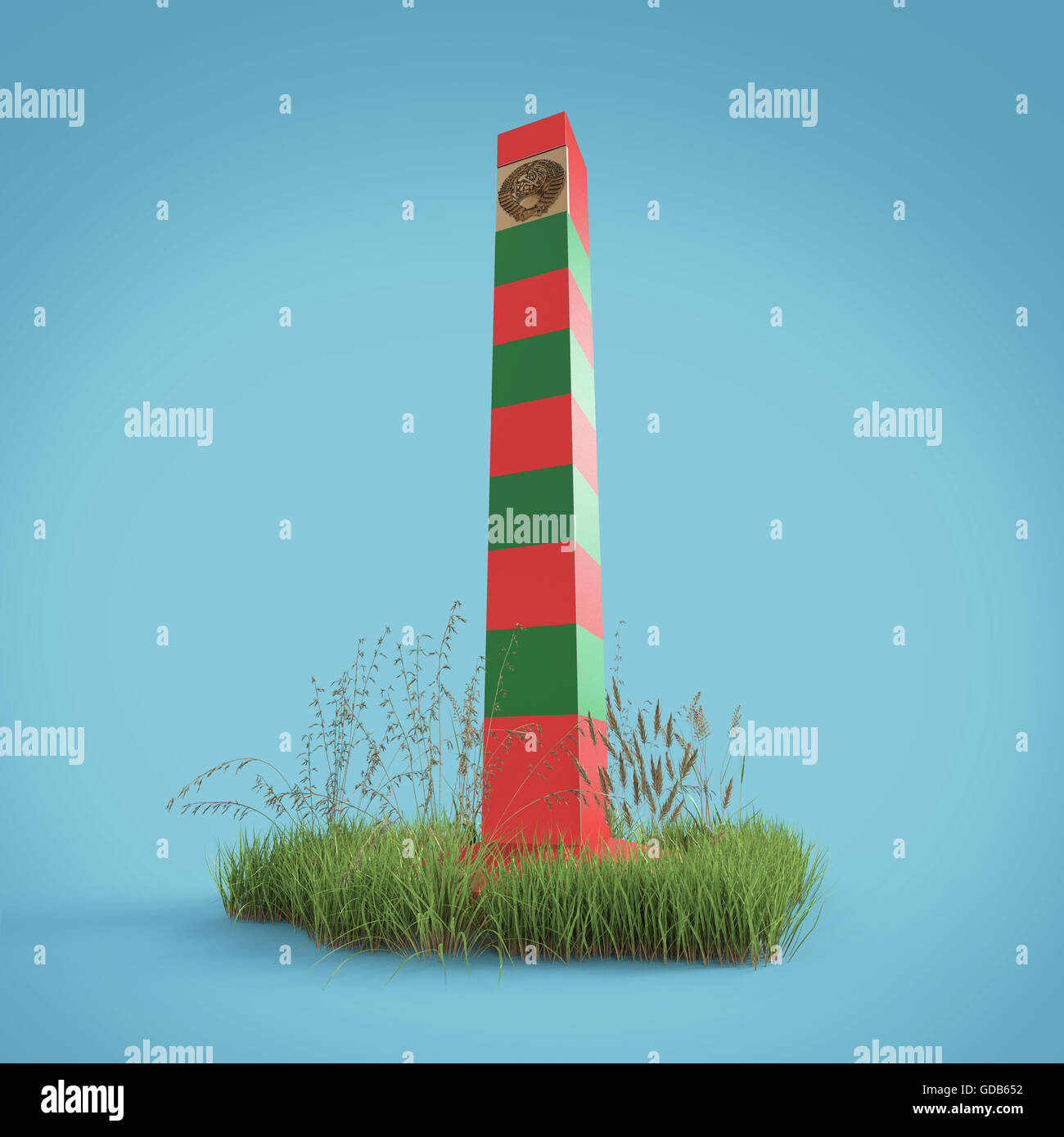 soviet border monument, frontier post sign with patch of grass isolated ...