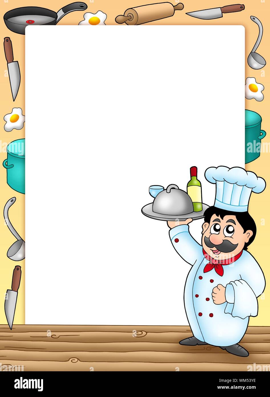Frame with chef holding meal - color illustration Stock Photo - Alamy