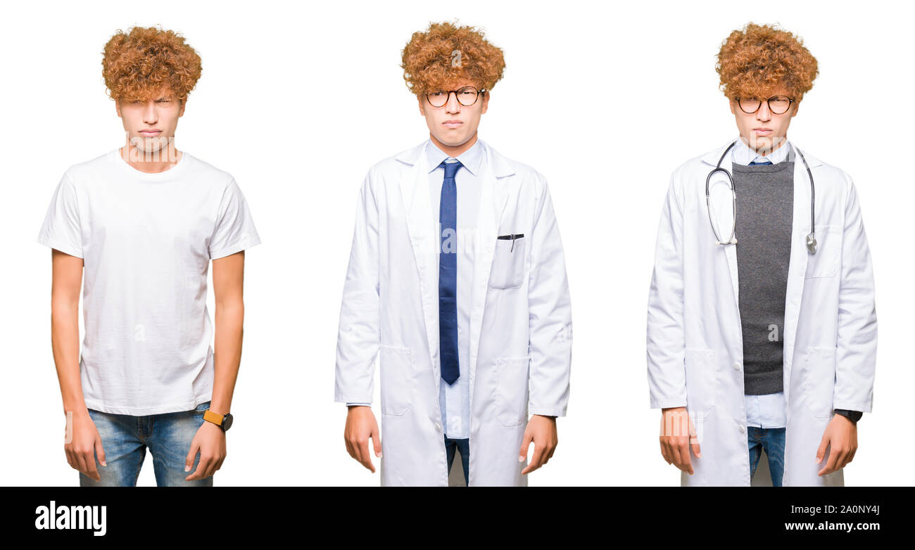 Collage der junge Arzt Mann, medizinische Mantel über isoliert weißer ...