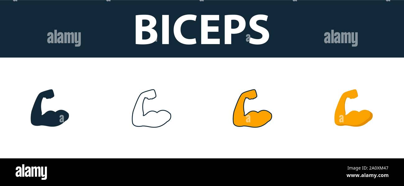 Bizeps Icon Set. Vier einfache Symbole in verschiedenen Stilrichtungen ...