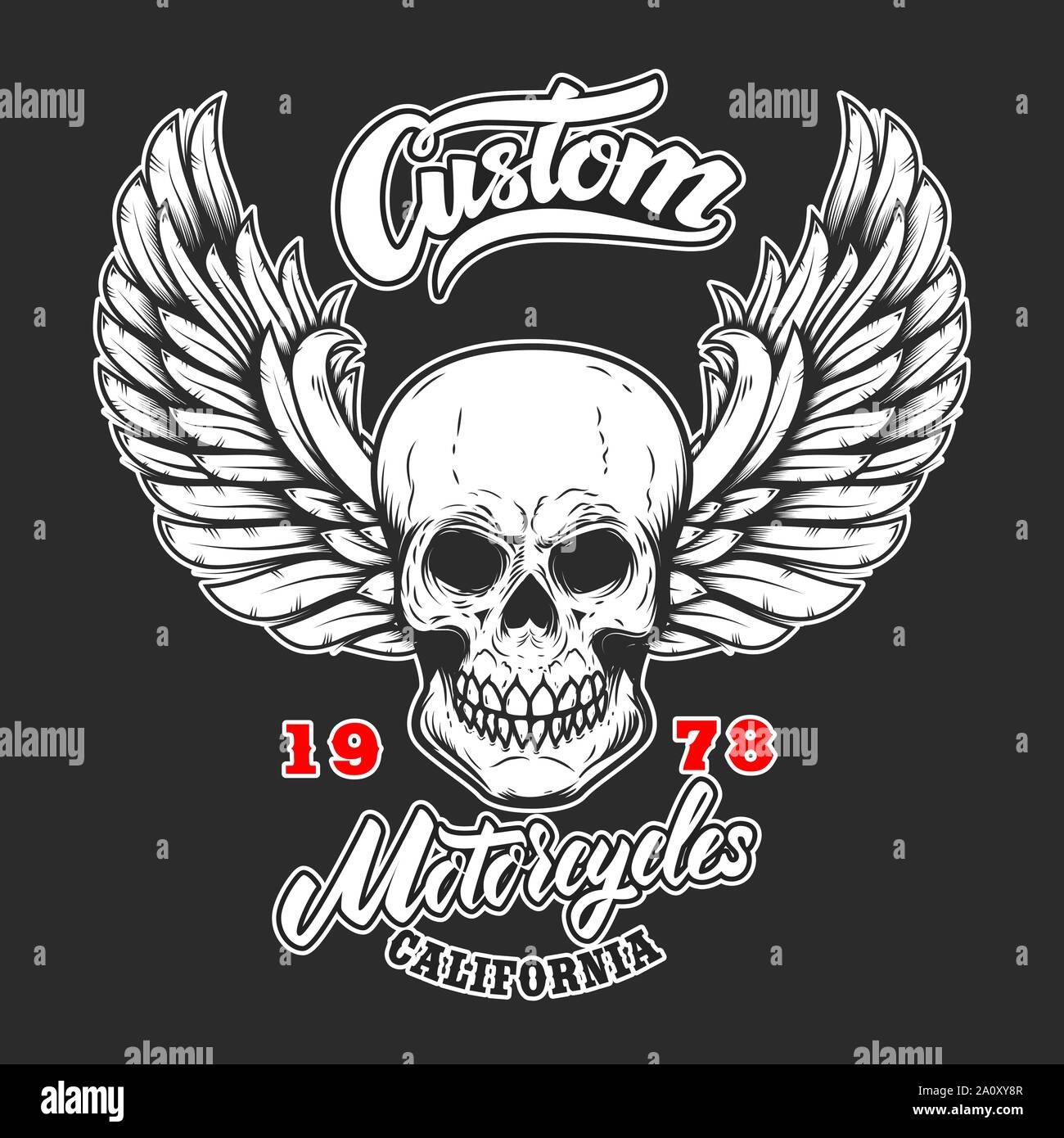 Custom Motorräder. Plakat Vorlage mit Winged Skull. Design Element für ...