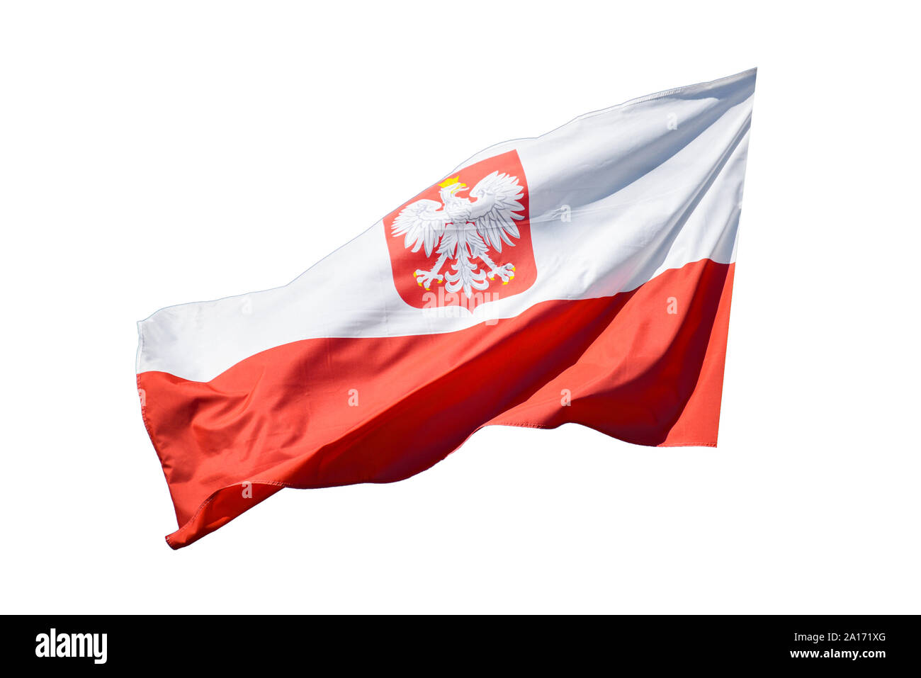 Der Staat Flagge Polens mit dem Wappen der Republik Polen, winken im ...