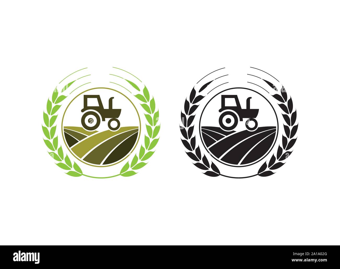 Agrar- und Landwirtschaft mit einem Traktor mit Anhänger und Pflug, Logo Design. Agrarwirtschaft ...