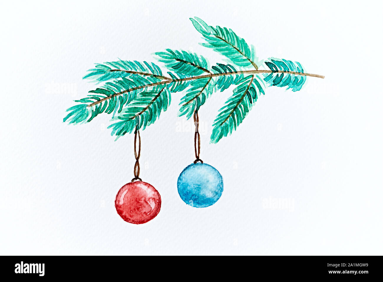 Aquarell Zweig mit Weihnachtskugeln Fichte; Hand gezeichnet ...