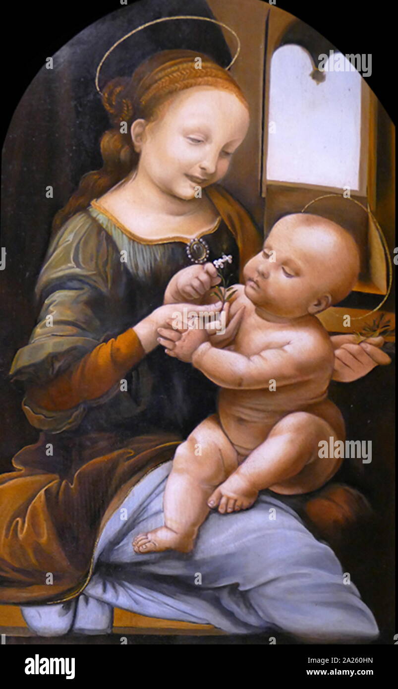 Madonna und Kind mit Blumen, auch bekannt als Madonna Benois, könnte einer von zwei Madonna's ...