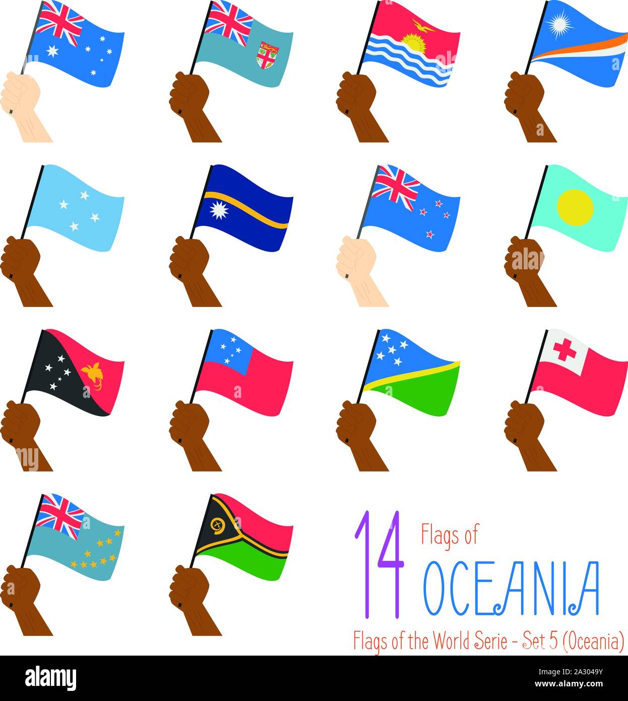 Satz von 14 Flaggen von Ozeanien. Hand anheben der nationalen Flaggen der 14 Länder Ozeaniens ...
